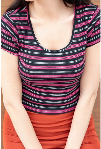 Atsy Yuvarlak Yaka Çizgili Tişört Siyah