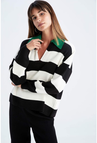 DeFacto Relax Fit Çizgili Polo YakaTriko Kazak W2330AZ22WN