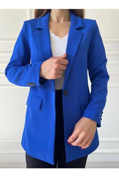 Modamla Kadın Saks Atlas Tek Düğme Ceket