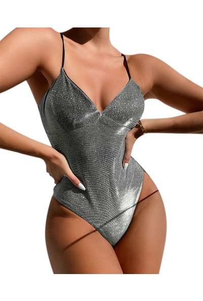 Shopeggy Derin V Askılı Tek Parça Mayo - Gri (Yurt Dışından)