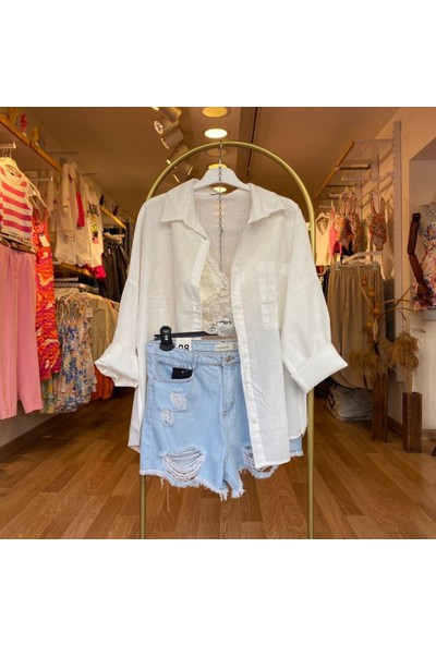 Larisa Collection Keten Tek Cepli Oversize Gömlek