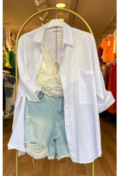 Larisa Collection Keten Tek Cepli Oversıze Gömlek