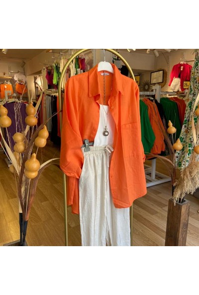 Larisa Collection Keten Tek Cepli Oversıze Gömlek