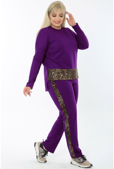 1fazlası Kadın Büyük Beden Pamuklu Mor Leopar Garnili Eşofman Takımı 1fazlası Kadın Büyük Beden Pamuklu Mor Leopar Garnili Eşofman Takımı