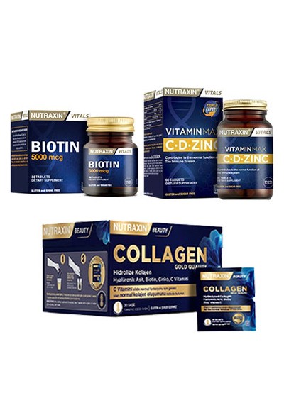 Nutraxin Biotin 30 Tablet & Gold Collagen 10 Saşe & Vitamin Max C D Zinc Nutraxin Biotin 30 Tablet & Gold Collagen 10 Saşe & Vitamin Max C D Zinc