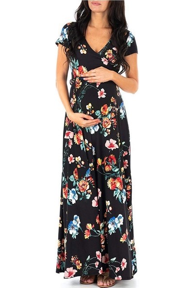 Hoturkey Desen Baskılı Maxi Hamile Elbisesi - Siyah (Yurt Dışından)