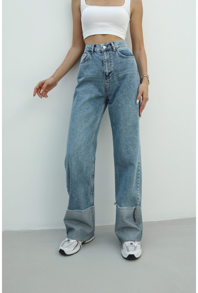 Havoş Mavi Kar Yıkamalı Paçası Katlı Jean