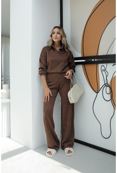 Havoş Kahve Düğmeli Bluz Pantolon Dokuma Takım Havoş Kahve Düğmeli Bluz Pantolon Dokuma Takım