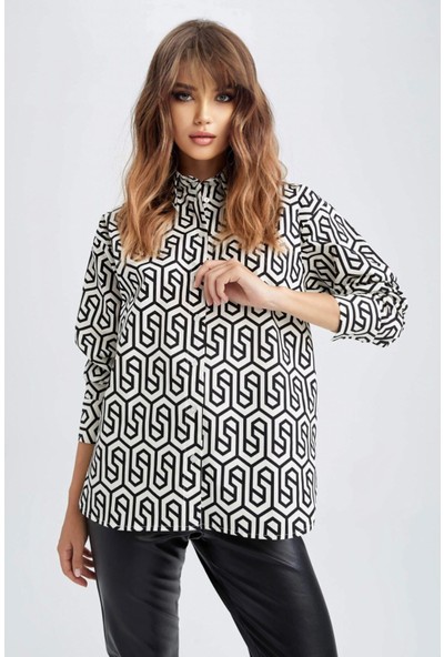 Kübra tekstil Gömlek Poplin Oversize Geometrik Desenli