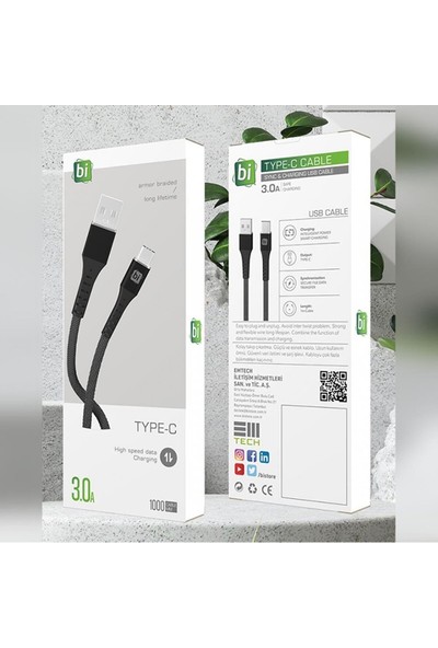 Bipower BI-110S 3.0 A Type-C Örgü Kablo Siyah