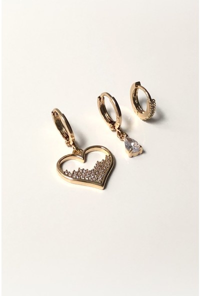 Teen Jewellry Zirkon Taşlı Kalp Figürlü Gold Üçlü Küpe