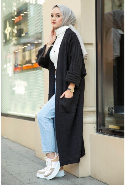 İlkimay Eftalya Çift Cepli Uzun Triko Tesettür Hırka 329 - Siyah