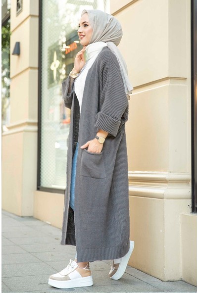 İlkimay Eftalya Çift Cepli Uzun Triko Tesettür Hırka 329 - Antrasit