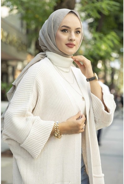 İlkimay Eftalya Çift Cepli Uzun Triko Tesettür Hırka 329 - Beyaz