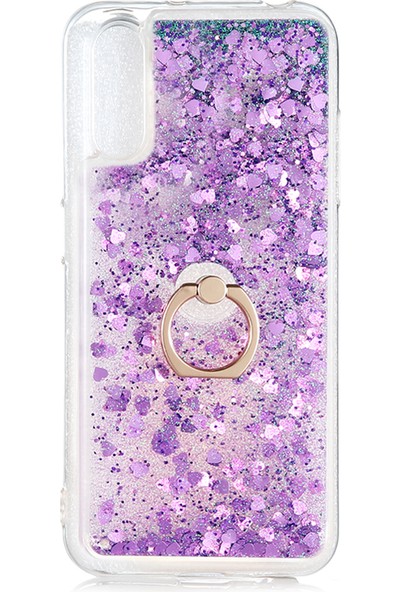 Kny Samsung Galaxy A70 Kılıf Simli Sıvılı Kalplı Yüzüklü Milce Kapak