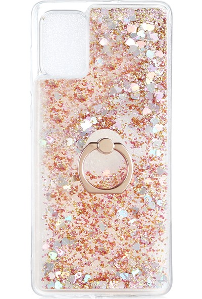 Kny Samsung Galaxy A71 Kılıf Simli Sıvılı Kalplı Yüzüklü Milce Kapak