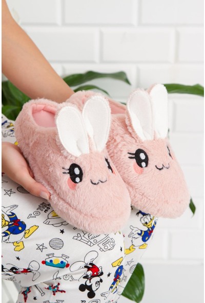 Modafrato Tavşanlı Kadın Ev Terliği Kışlık Yünlü Terlik