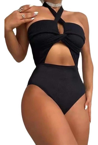 Shopeggy Derin V Askılı Tek Parça Mayo - Siyah (Yurt Dışından)