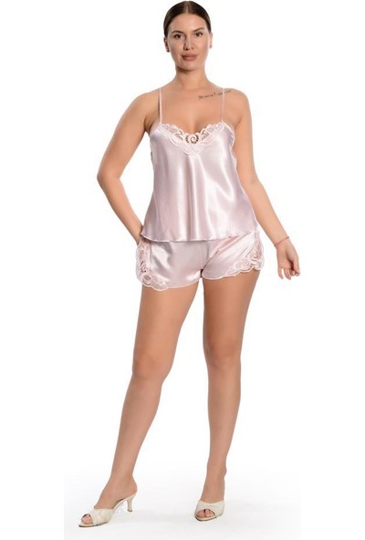 Akala-Sis Ip Askılı Dantelli Şortlu Saten Kadın Gecelik M-281
