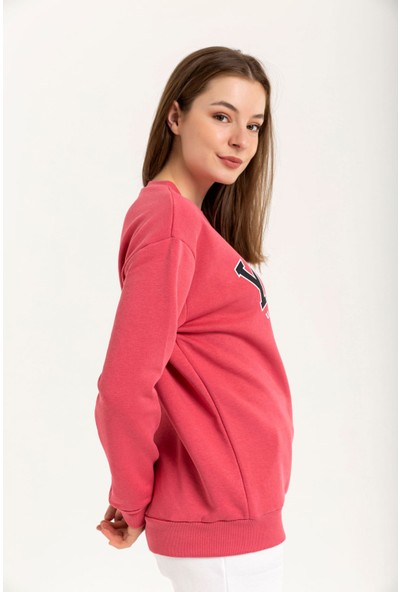 Şardonlu 3 Iplik Baskılı Bisikletyaka Uzunkol Sweatshirt