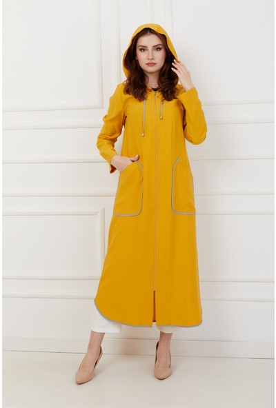 Olcay Kapüşonlu Biye Detaylı Astarsız Kap Safran 6359