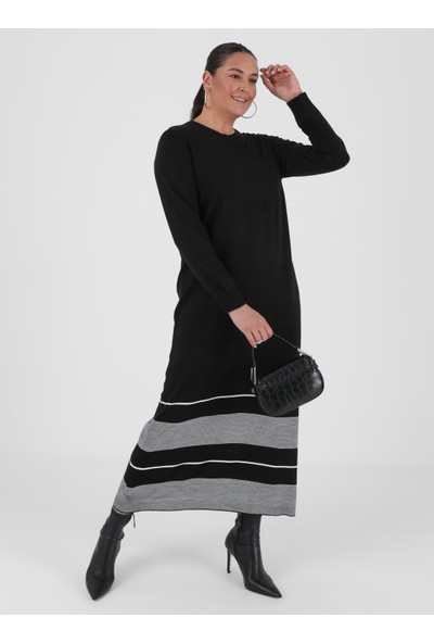 Alia Büyük Beden Çizgili Tesettür Triko Elbise - Siyah - Alia