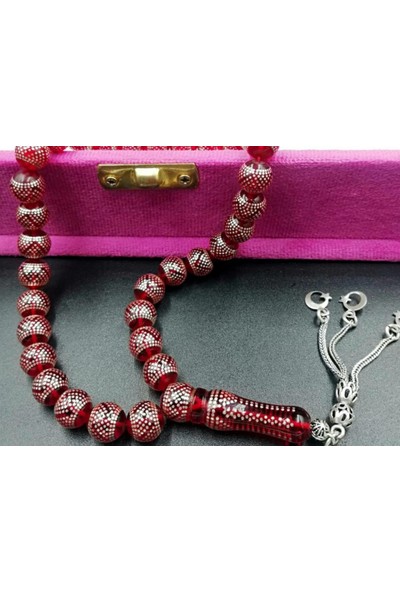 İbrahim Altıntaş Kırmızı Gümüş İşlemeli Usta İşçilikli Kehribar Tesbih