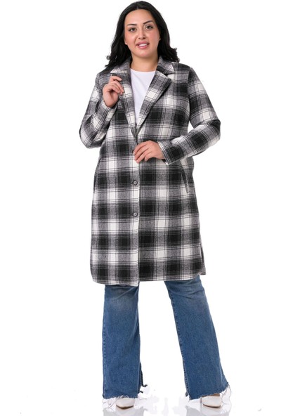 Büyük Beden Mono Yaka Düğmeli Cepli Astarlı Siyah Ekose Kaban