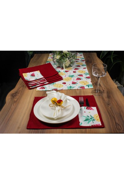 Biz Class Ananas Desenli Runner & Bordo Jüt Hasır Kumaş Amerikan Servis 6'lı Takım Biz Class Ananas Desenli Runner & Bordo Jüt Hasır Kumaş Amerikan Servis 6'lı Takım