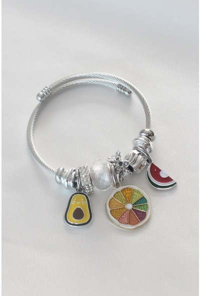 Gucso Gümüş Renk Karpuz Armut Figür Çelik Charm Kadın Bileklik
