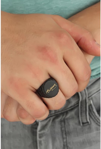 Gucso Atatürk Imzası Figürlü Siyah Renk Metal Ayarlamalı Erkek Yüzük