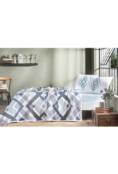 Taç Arden Mavi Pamuk Çift Kişilik Pike Takımı