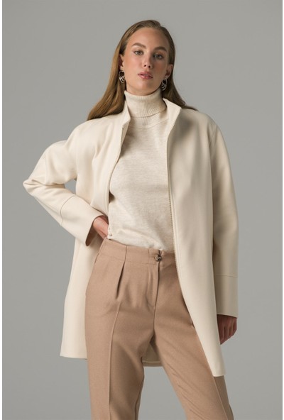 Olcay Fermuar Kapamalı Düşük Kol Oversize Kaban Ekru 3848