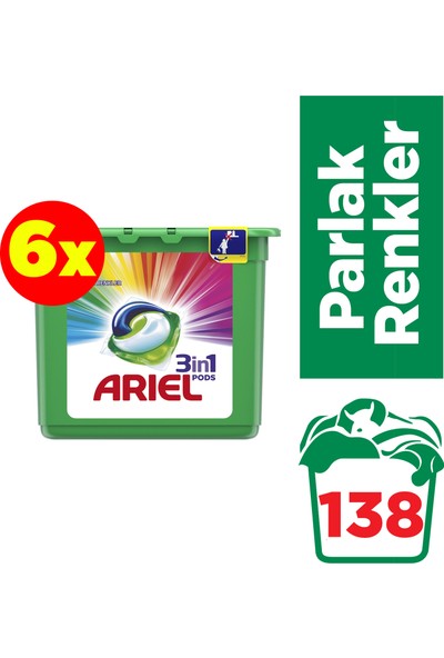 Ariel Pods Sıvı Çamaşır Deterjanı Kapsülü Parlak Renkler 6 x 23 Yıkama (138 Yıkama) Ariel Pods Sıvı Çamaşır Deterjanı Kapsülü Parlak Renkler 6 x 23 Yıkama (138 Yıkama)
