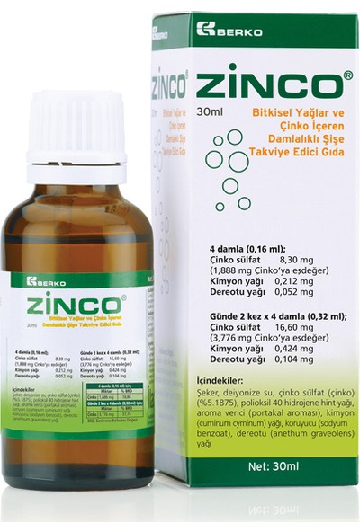 Zinco Bitkisel Yağlar ve Çinko İçeren Damlalıklı Şişe Takviye Edici Gıda 30 ml
