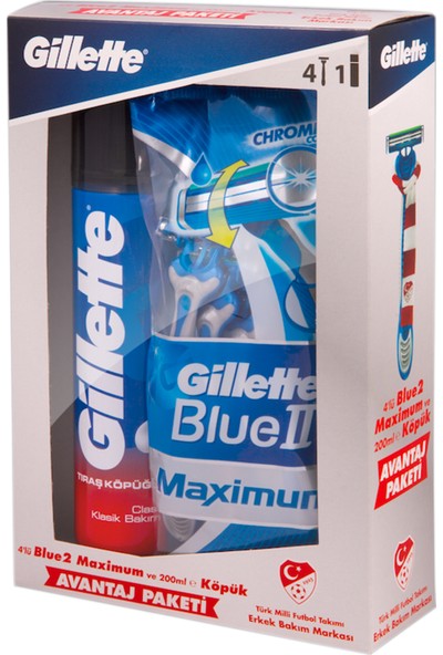 Gillette Blue2 Milli Takım Özel Paketi 4'lü Tıraş Bıçağı + 200 ml Tıraş Köpüğü Gillette Blue2 Milli Takım Özel Paketi 4'lü Tıraş Bıçağı + 200 ml Tıraş Köpüğü