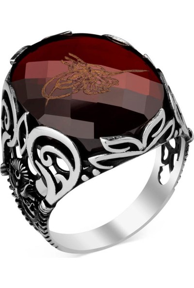 Anı Yüzük Osmanlı Arma Motifli Kırmızı Zirkon Taşlı Tuğralı Erkek Yüzük