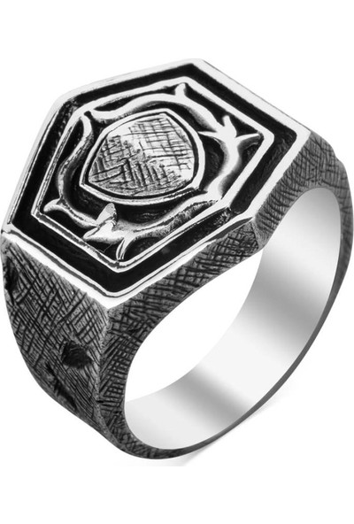 Anı Yüzük Kalkan Tasarım Eskitme Gümüş Erkek Yüzük