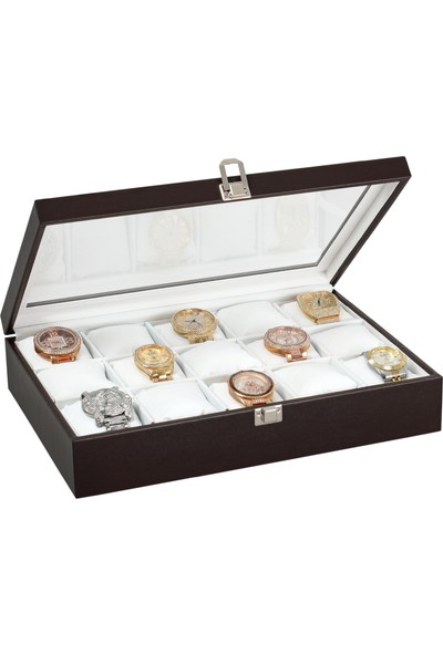 15'li Kahverengi Deri Ahşap, üzeri Cam Saat Kutusu st15-21