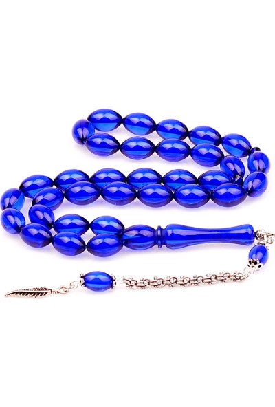 Taş Sandığı Mavi Renk Sıkma Kehribar Gümüş Tesbih ( 7*11 Mm )