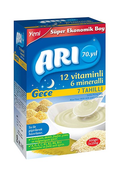 Arı 12 Vitaminlı 6 Mineralli Gece 7 Tahıllı Pirinç Unu Bebek Maması 500 gr Arı 12 Vitaminlı 6 Mineralli Gece 7 Tahıllı Pirinç Unu Bebek Maması 500 gr