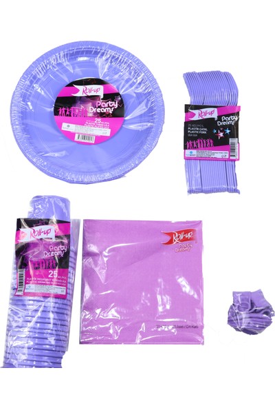 Roll Up Renkli Lila Doğum Günü Sofra Seti 25 Kişilik