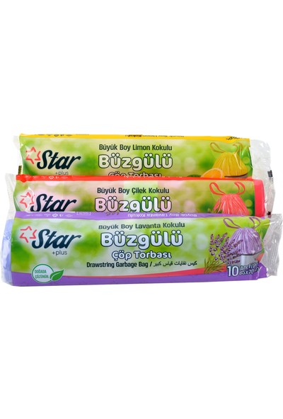 Star Plus Büzgülü Çöp Torbası Büyük Boy 65X70 cm. 3' Lü Rulo Paket (Lavanta-Çilek-Limon) - (3 Adet) Star Plus Büzgülü Çöp Torbası Büyük Boy 65X70 cm. 3' Lü Rulo Paket (Lavanta-Çilek-Limon) - (3 Adet)