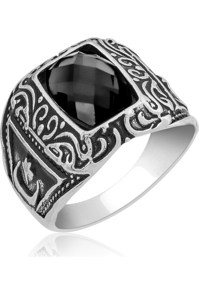 Ervanur Gümüş Kaplama Siyah Taşlı Ay Yıldız Motifli Erkek Yüzük