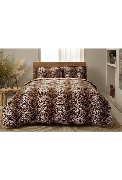 Taç Yorgan Seti Çif Kişilik Ranforce Leopard Kahve