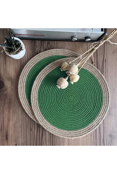 Paria Home Bordürlü Çimen Yeşili Jüt Amerikan Servis 4'lü Örme Hasır Supla