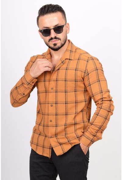 Erkek Örme Pamuklu Kumaş Slim Fit Kareli Gömlek Kahverengi TN2394