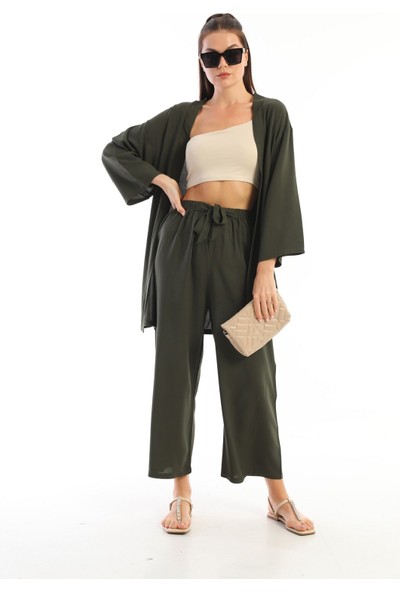 Siyah Kadın Haki Uzun Kollu Bağcıklı Pantolonlu Viskon Dokuma Salaş Kimono Takım - GİY00200 Siyah Kadın Haki Uzun Kollu Bağcıklı Pantolonlu Viskon Dokuma Salaş Kimono Takım - GİY00200