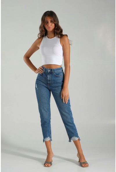 Abbra Kadın Paçası Yırtıklı Mom Fit Jean