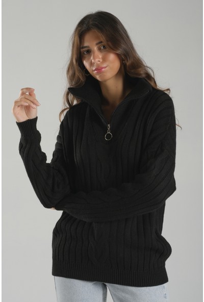 Abbra Kadın Fermuarlı Saç Örgü Kazak